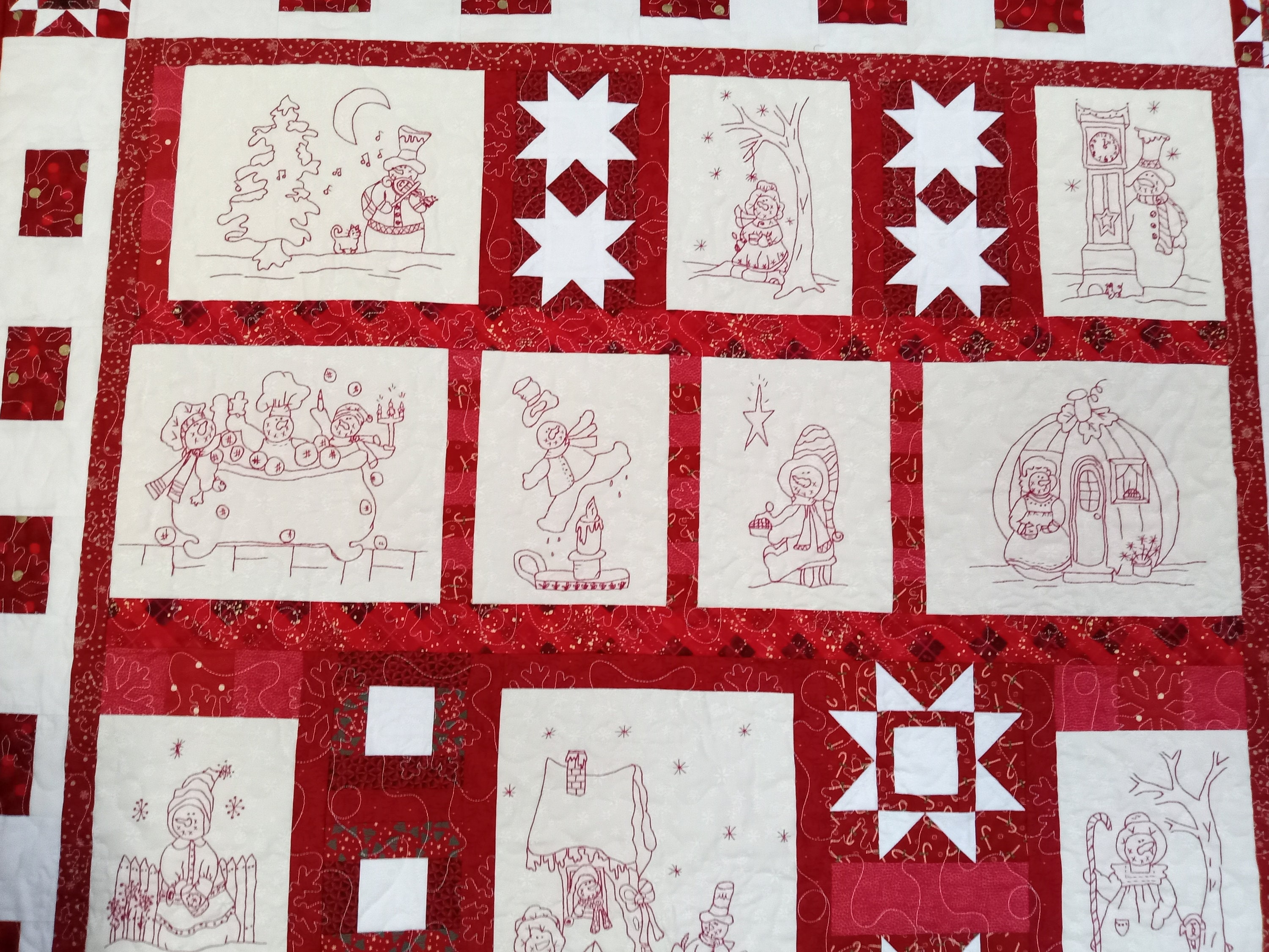 Redwork Snowman Quilt - Etsy