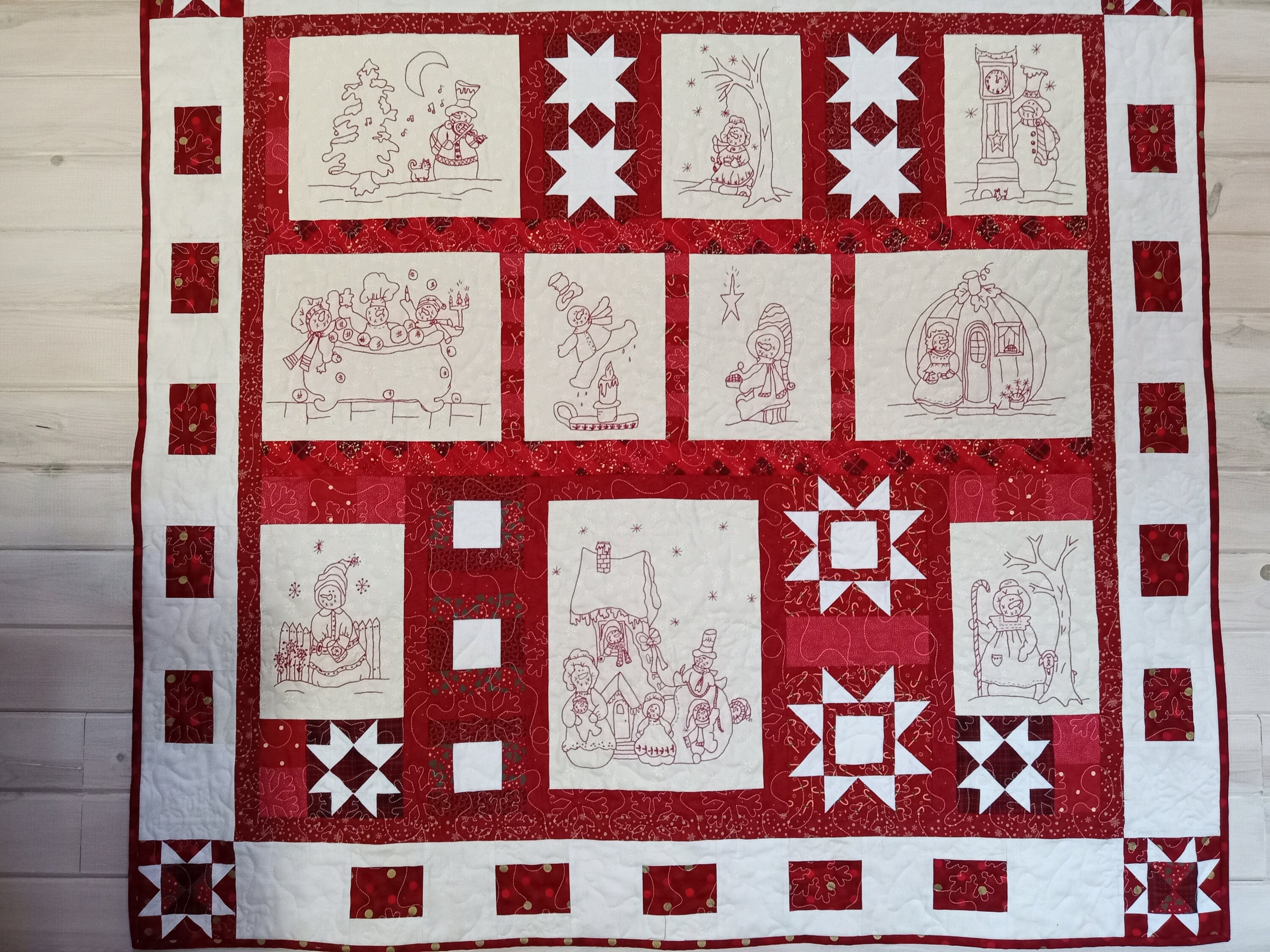 Redwork Snowman Quilt - Etsy
