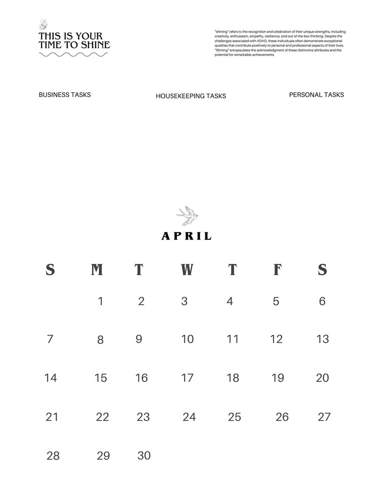Printable Digital ADHD 2024 Calendar for Focus, Balance, and Mindful ...
