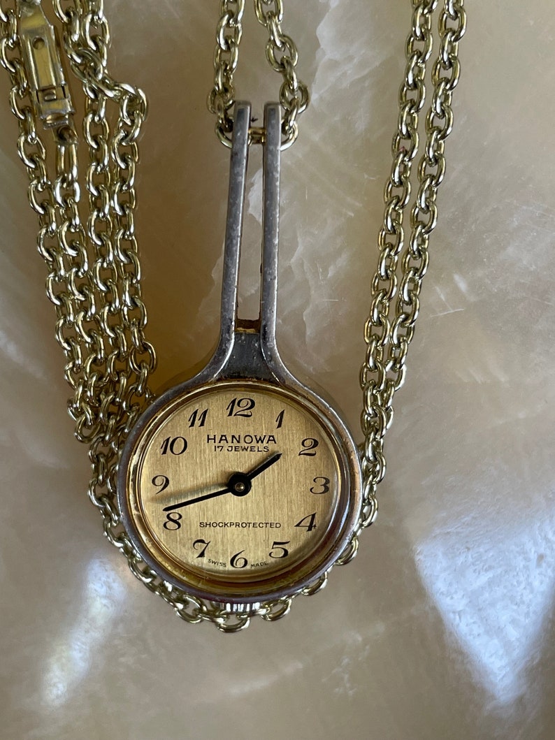 Elegant 1970’s Vintage Swiss Hanowa Gold Color Pendant Watch With Gold ...