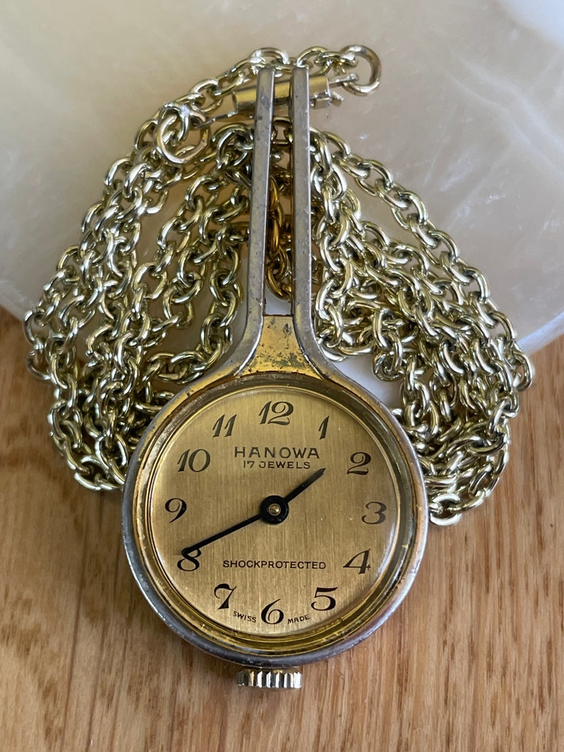 Elegant 1970’s Vintage Swiss Hanowa Gold Color Pendant Watch With Gold ...