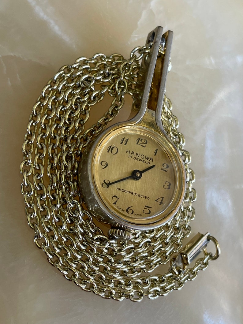 Elegant 1970’s Vintage Swiss Hanowa Gold Color Pendant Watch With Gold ...