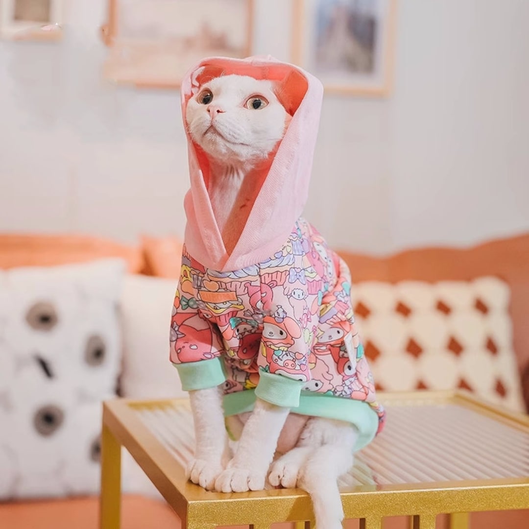 Pink Sphynx Hairless Cats Clothes, Cartoon Hoodie Long Sleeve Bambino ...