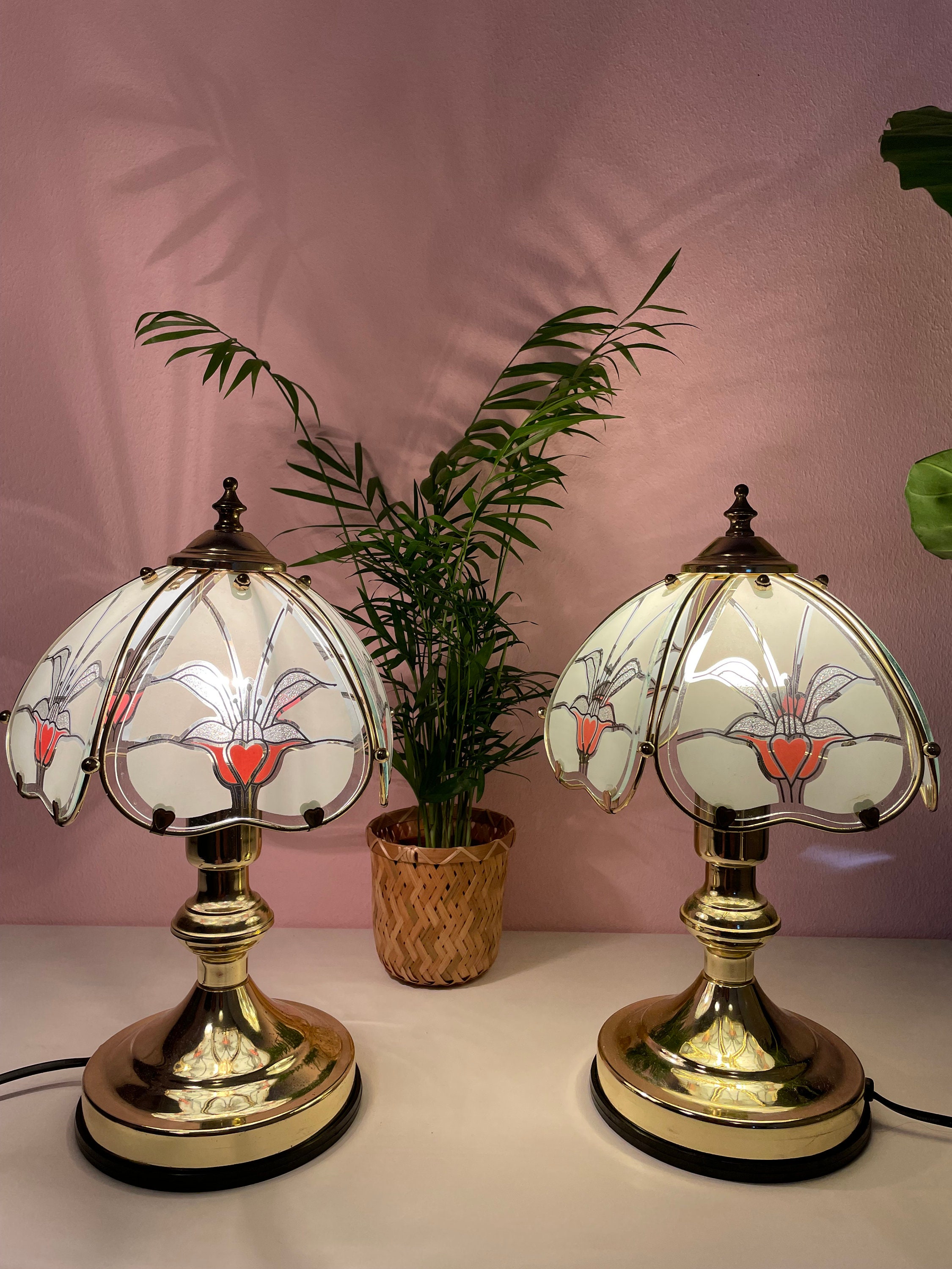 1 of 2 Vintage Table Lamp /80s /gold Metal/ Glass Lamp/ MCM Lamp/white ...