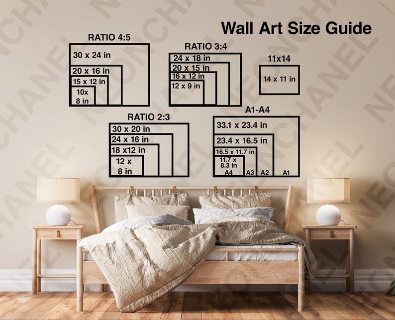 Bedroom Wall Art Size Guide Set Frame Sizing Mockup Poster Size Chart ...