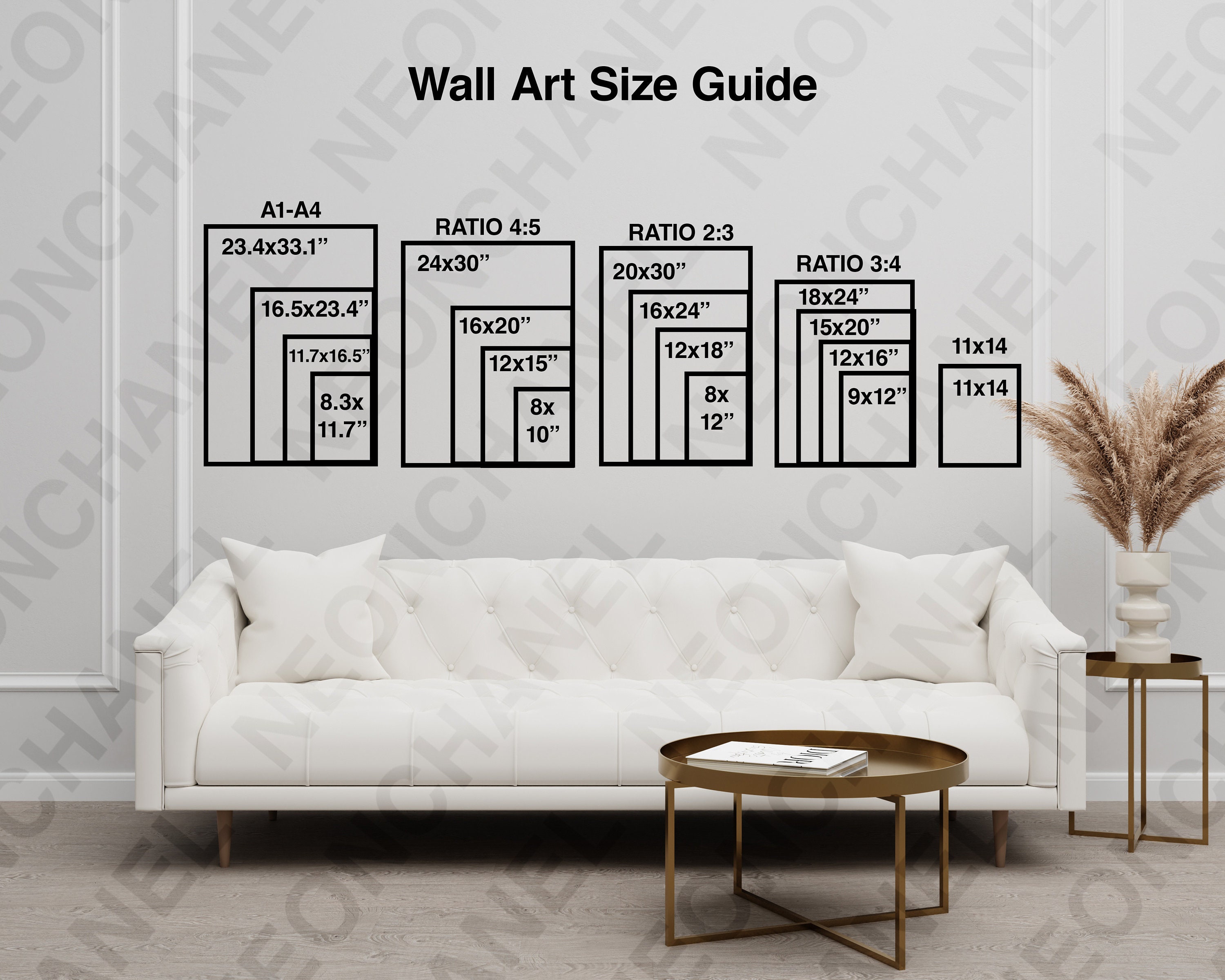 Living Room Wall Art Size Guide Set Frame Sizing Mockup Poster Size ...