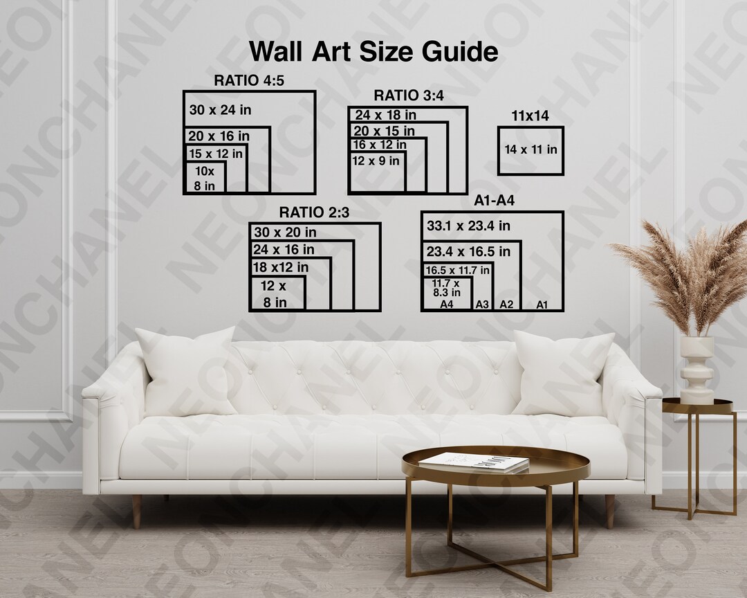 Living Room Wall Art Size Guide Set Frame Sizing Mockup Poster Size ...