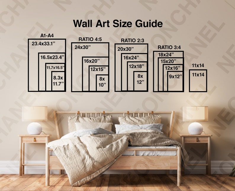 Bedroom Wall Art Size Guide Set ~ Frame Sizing Mockup ~ Poster Size ...