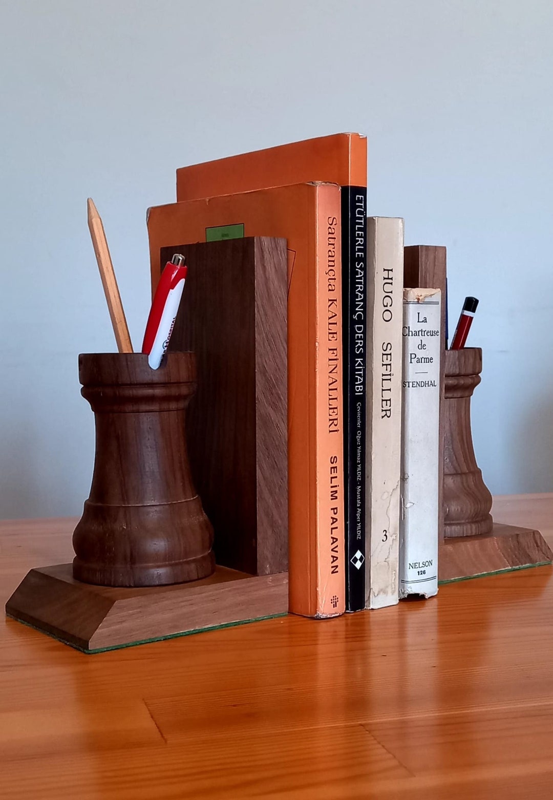 Rook Design Wooden Bookends, Unique Handmade Book Holder, Bookends Set ...
