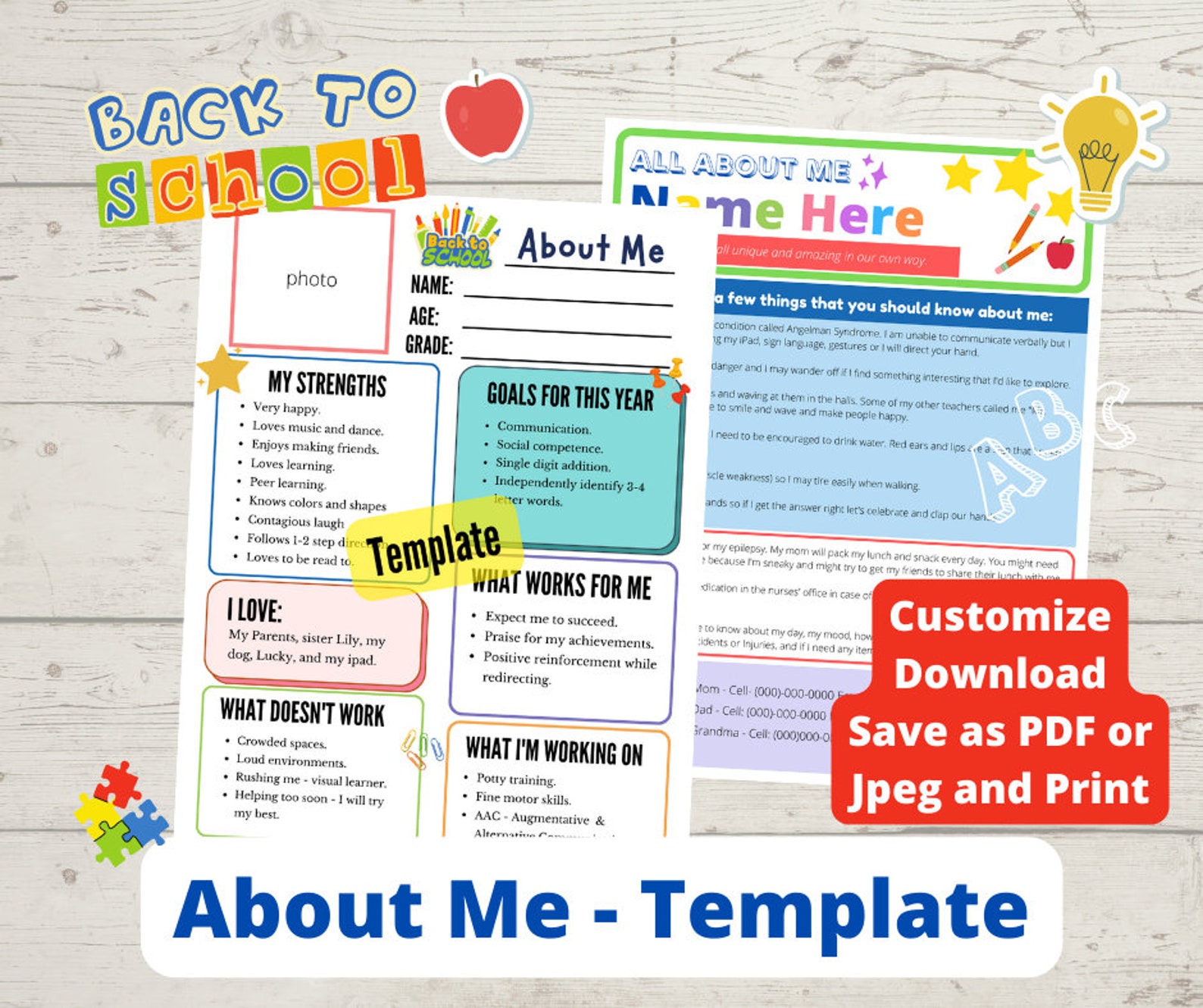Back to School About Me Template Child Info, Special Needs, Autism ...