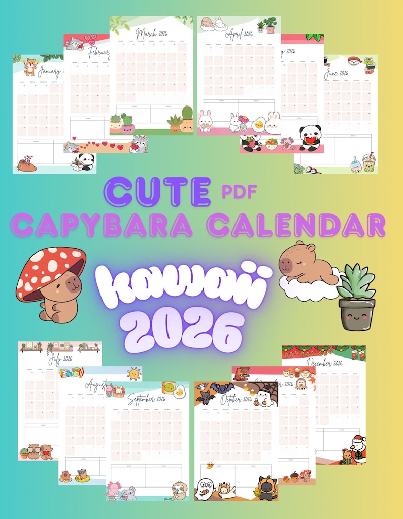 2026 Kawaii Capybara Calendar | Cute Theme | 12-month Digital Planner ...