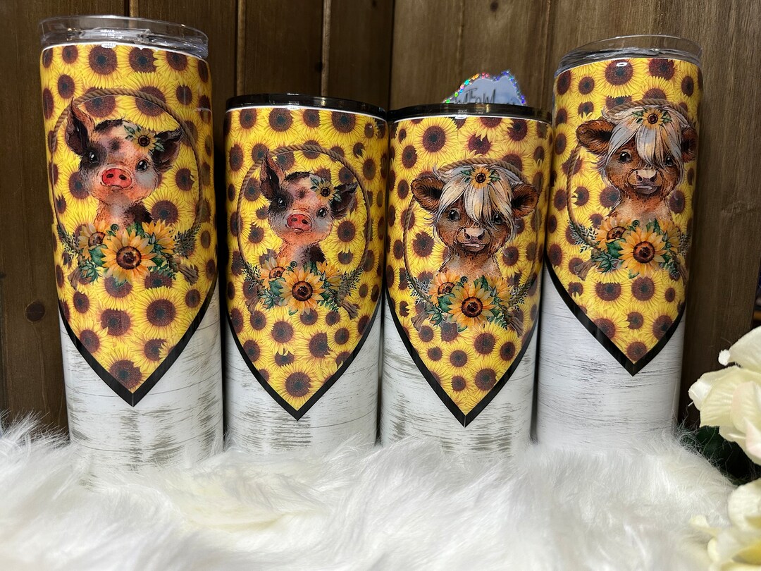Baby Highland Cow or Cute Pig With Sunflowers and Hand Painted Shiplap ...