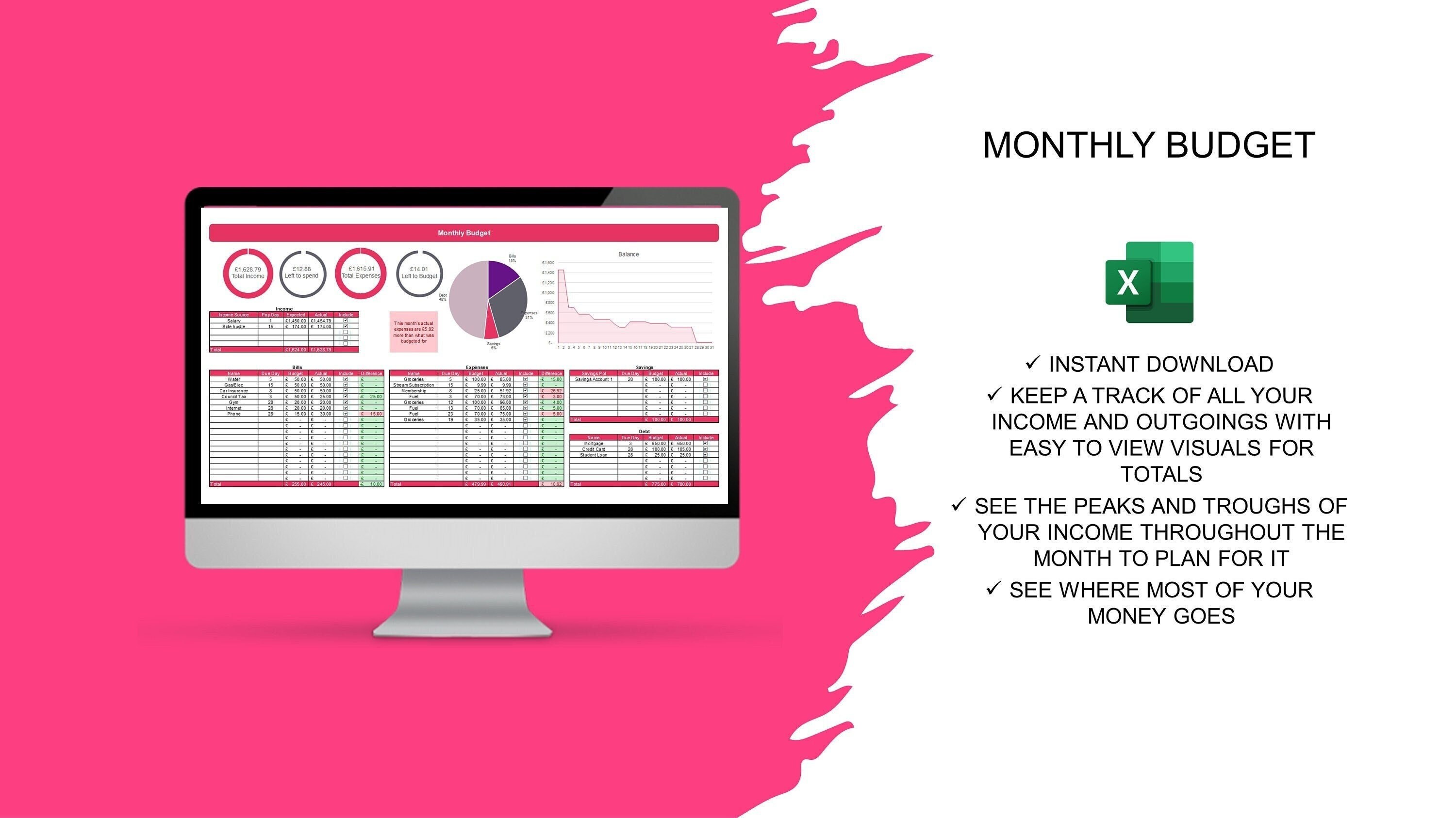 Monthly Budget Spreadsheet Template, Income Outgoings Spend Tracking ...