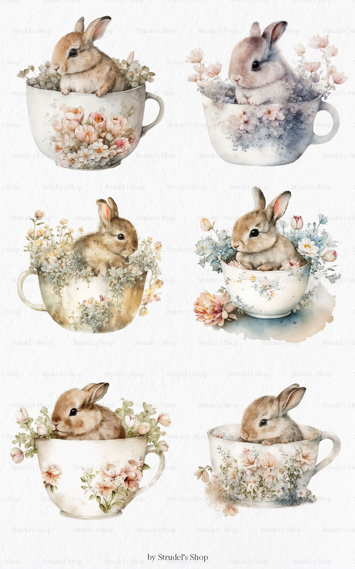 Bunnies in Vintage Cups Watercolor Clipart PNG Easter Spring - Etsy