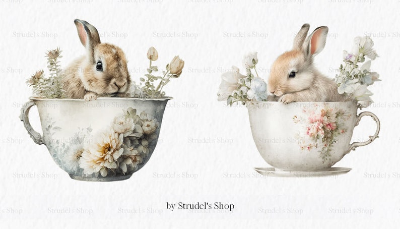 Bunnies in Vintage Cups Watercolor Clipart PNG - Easter Spring ...