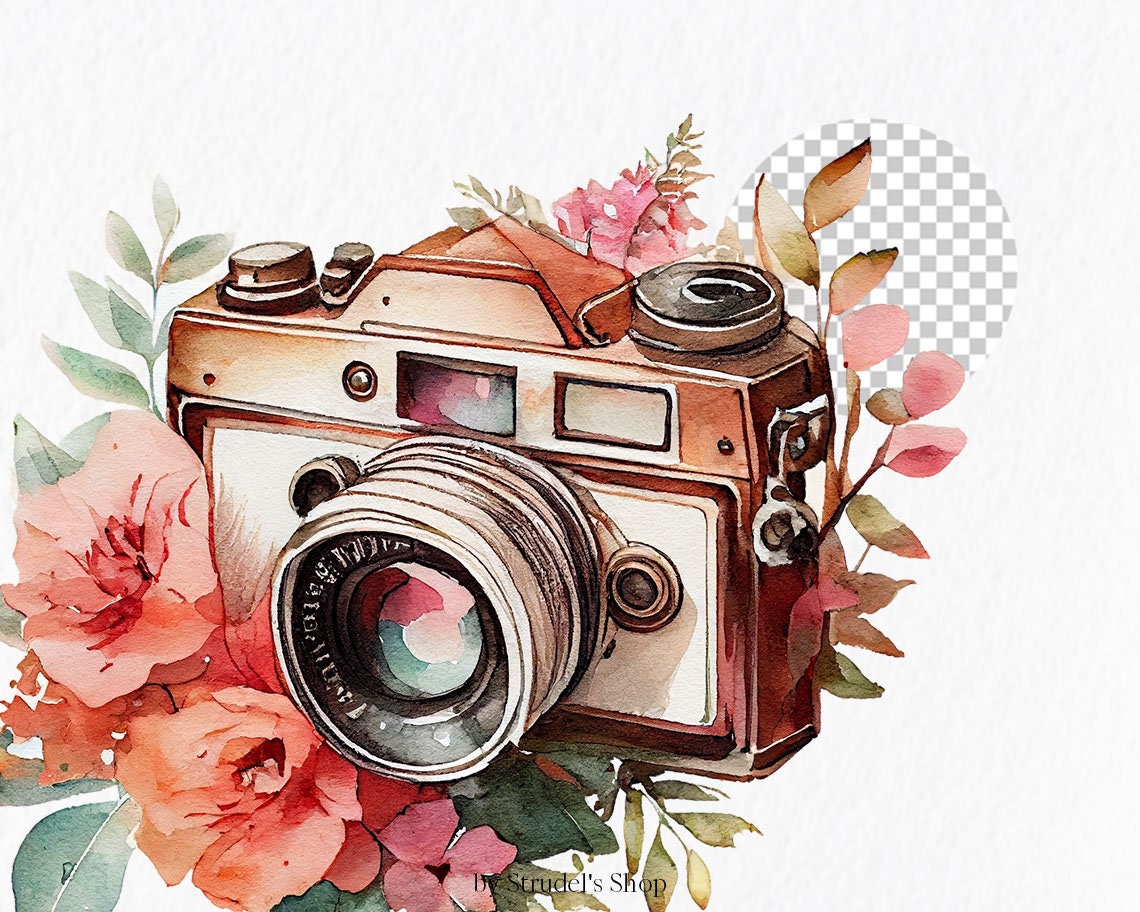 Vintage Cameras Watercolor Clipart PNG Flower Floral - Etsy