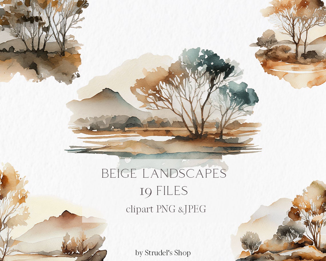 Neutral Landscapes Watercolor Clipart PNG Nature Mountain Summer Scene ...