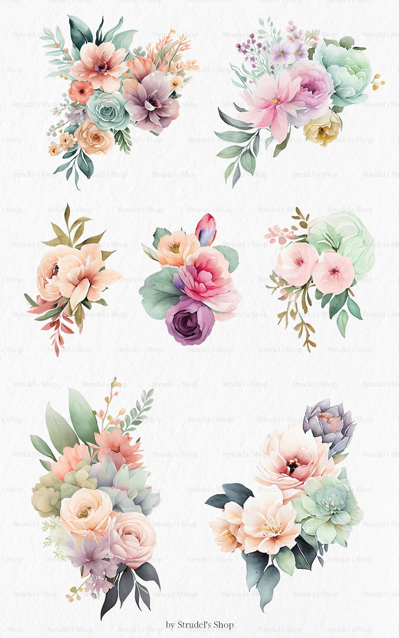 Pastel Flowers Watercolor Clipart PNG Invitation Clipart - Etsy