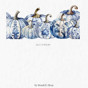 Fall Seamless Pumpkin Border Watercolor Clipart PNG - Blue White ...