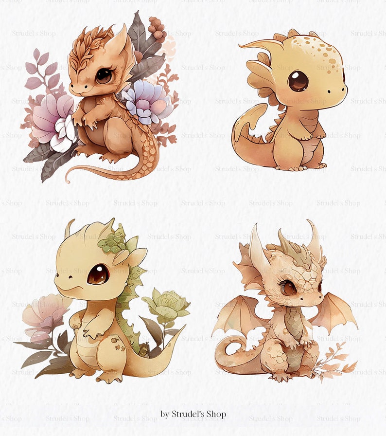 Cute Dragons Watercolor Clipart PNG Fantasy Baby Dragon - Etsy