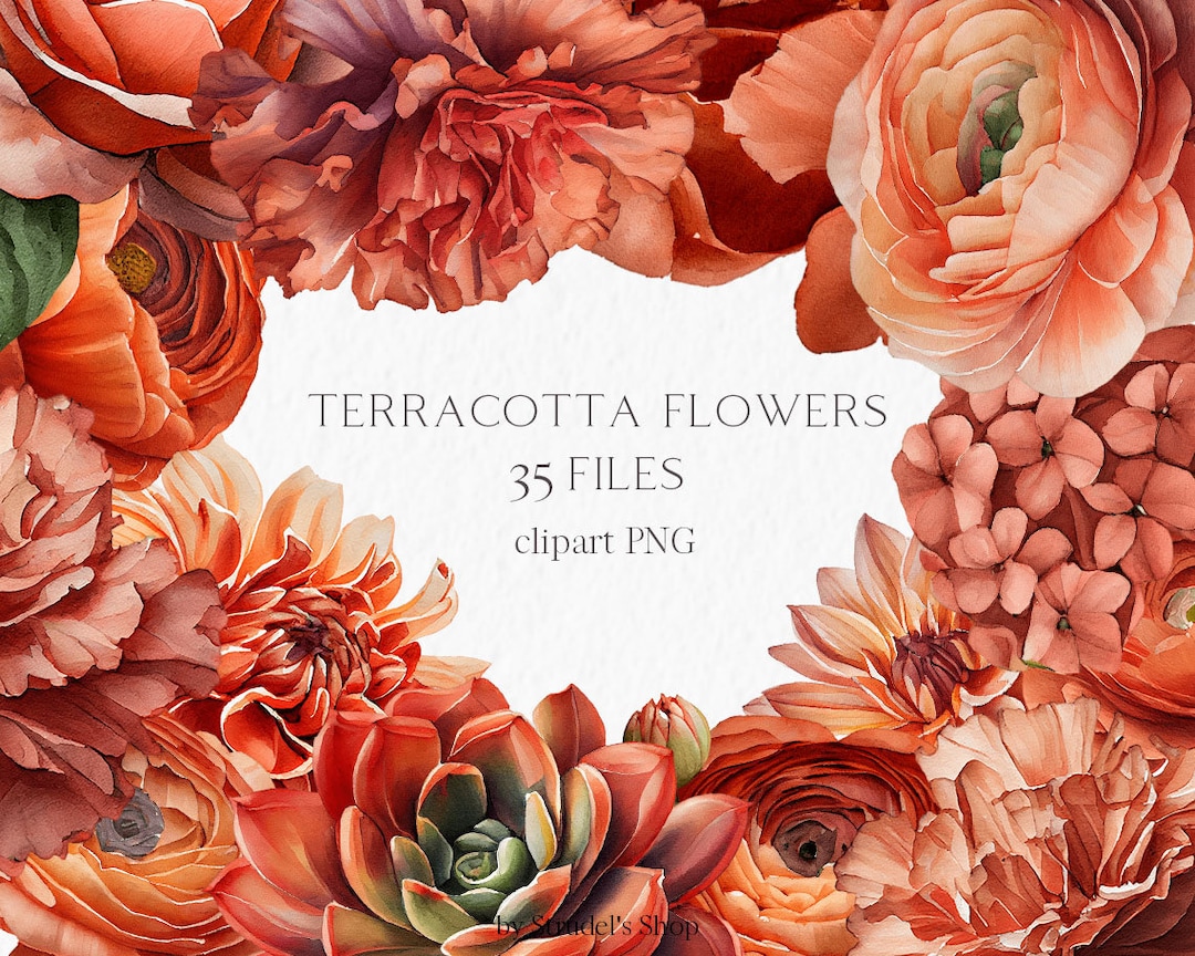 Terracotta Flowers Watercolor Clipart PNG - Boho Wedding Autumn Fall ...