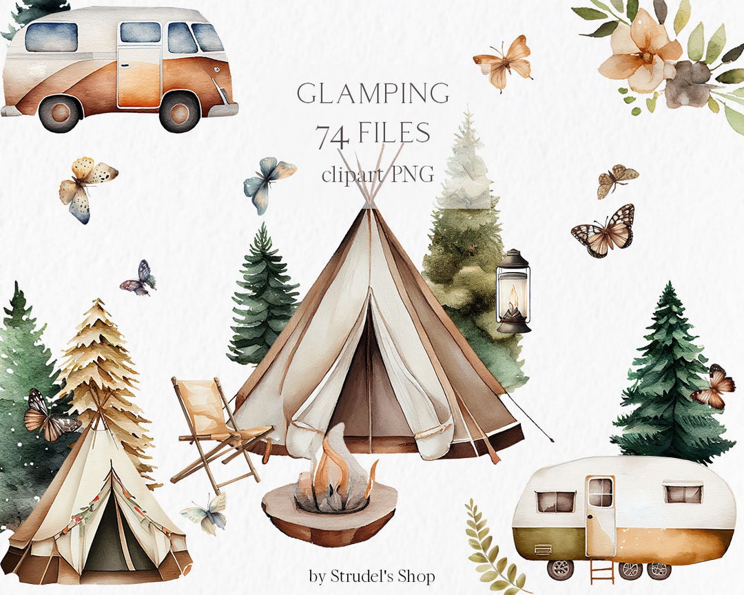 Glamping Watercolor Clipart PNG - Camping Adventure Planner Stickers ...
