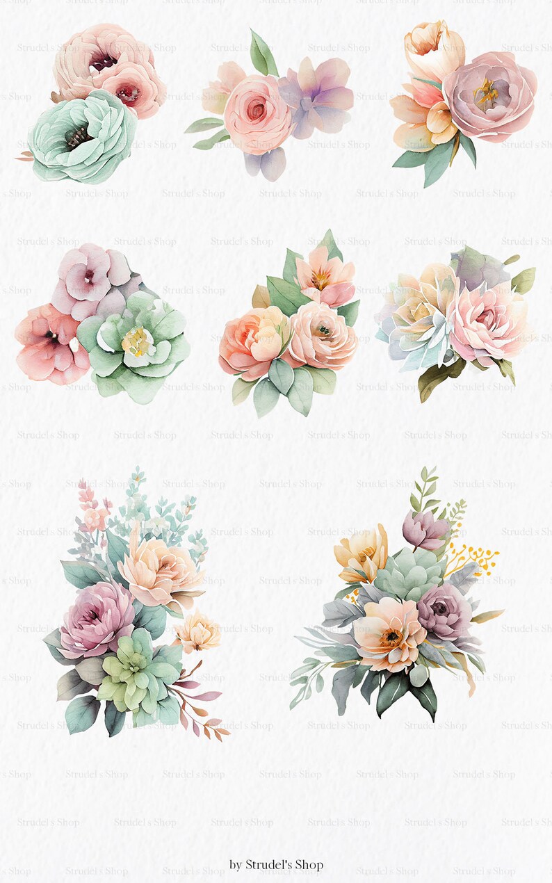 Pastel Flowers Watercolor Clipart PNG Invitation Clipart - Etsy