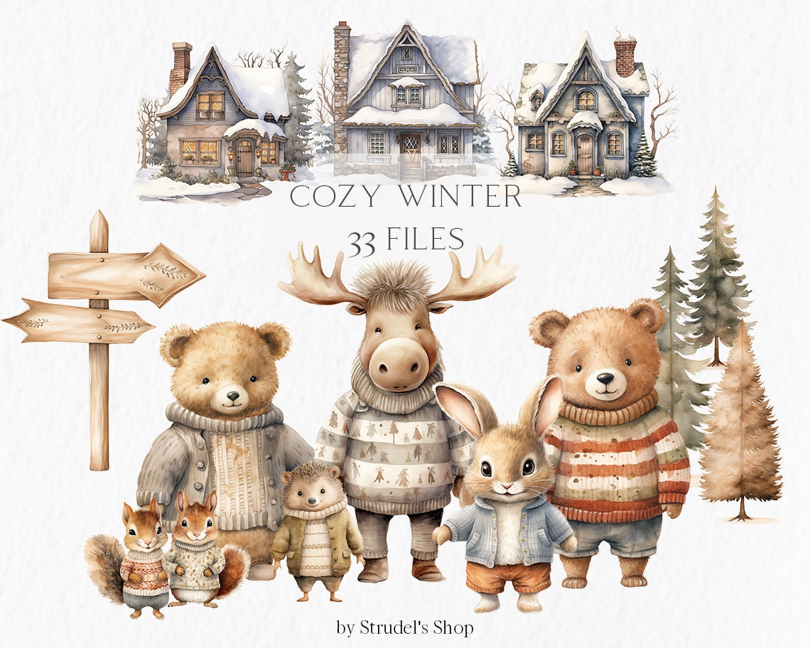Winter Woodland Animals Clipart PNG Watercolor Christmas - Etsy
