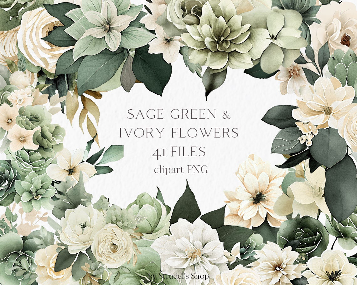 Sage Green Ivory Flowers Watercolor Clipart PNG Floral Wedding Greenery ...