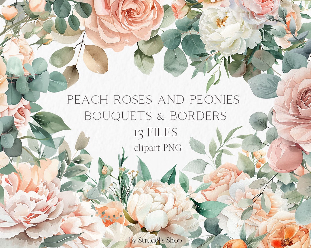 Peach Roses and Peonies Bouquets, Seamless Borders Watercolor Clipart ...