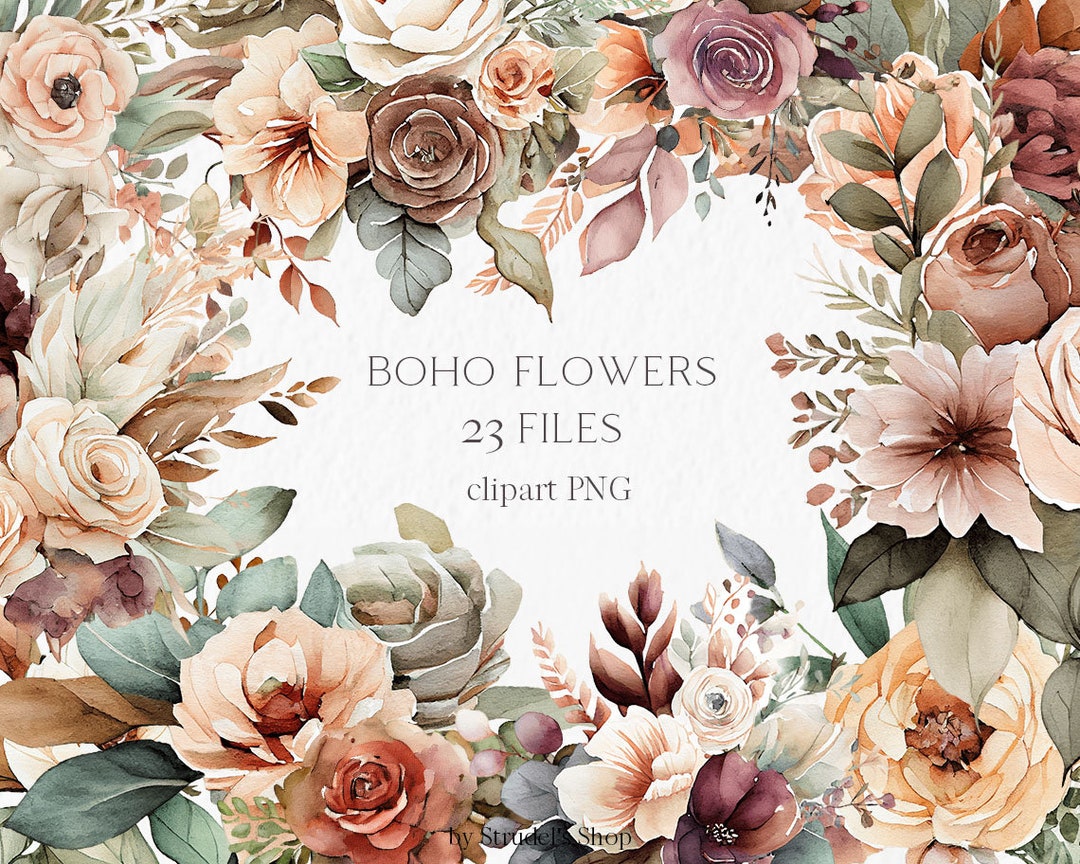 Boho Flowers Watercolor Clipart PNG - Floral Wedding Bohemian ...
