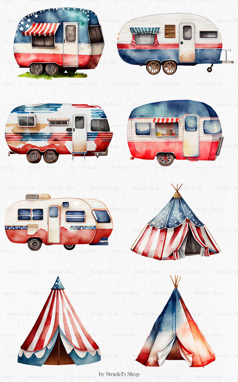 4th of July Watercolor Clipart PNG Independence Day Camper - Etsy