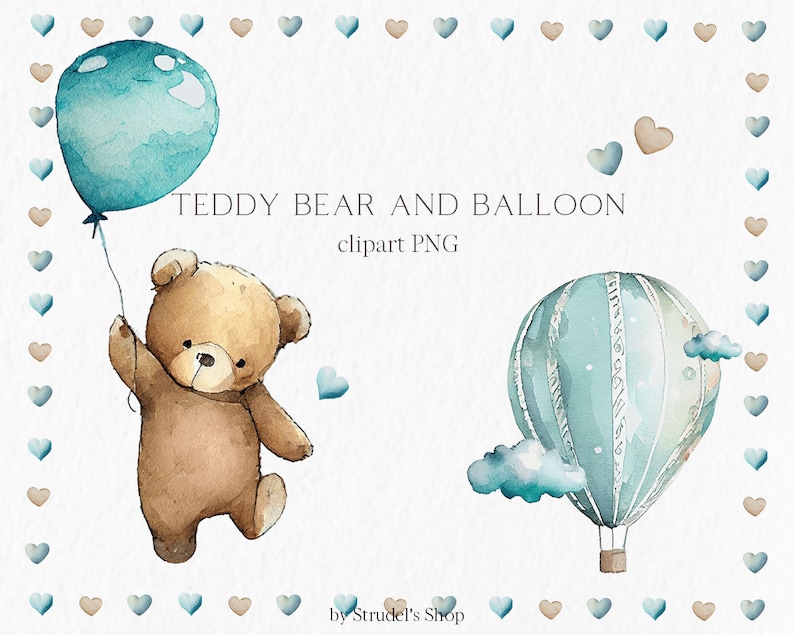 Teddy Bear and Blue Balloon Watercolor Clipart PNG - Cute Teddy ...