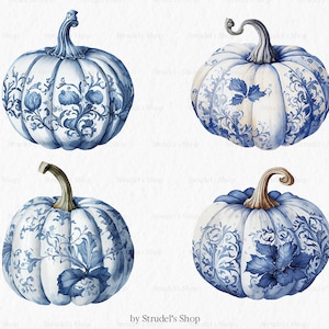 Blue White Pumpkin Watercolor Clipart PNG - Autumn Thanksgiving Pumpkin ...