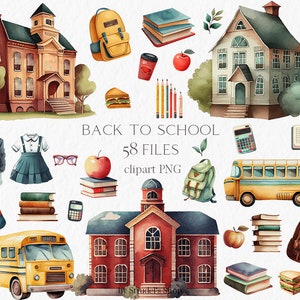 Back to School Watercolor Clipart PNG School Supplies - Etsy