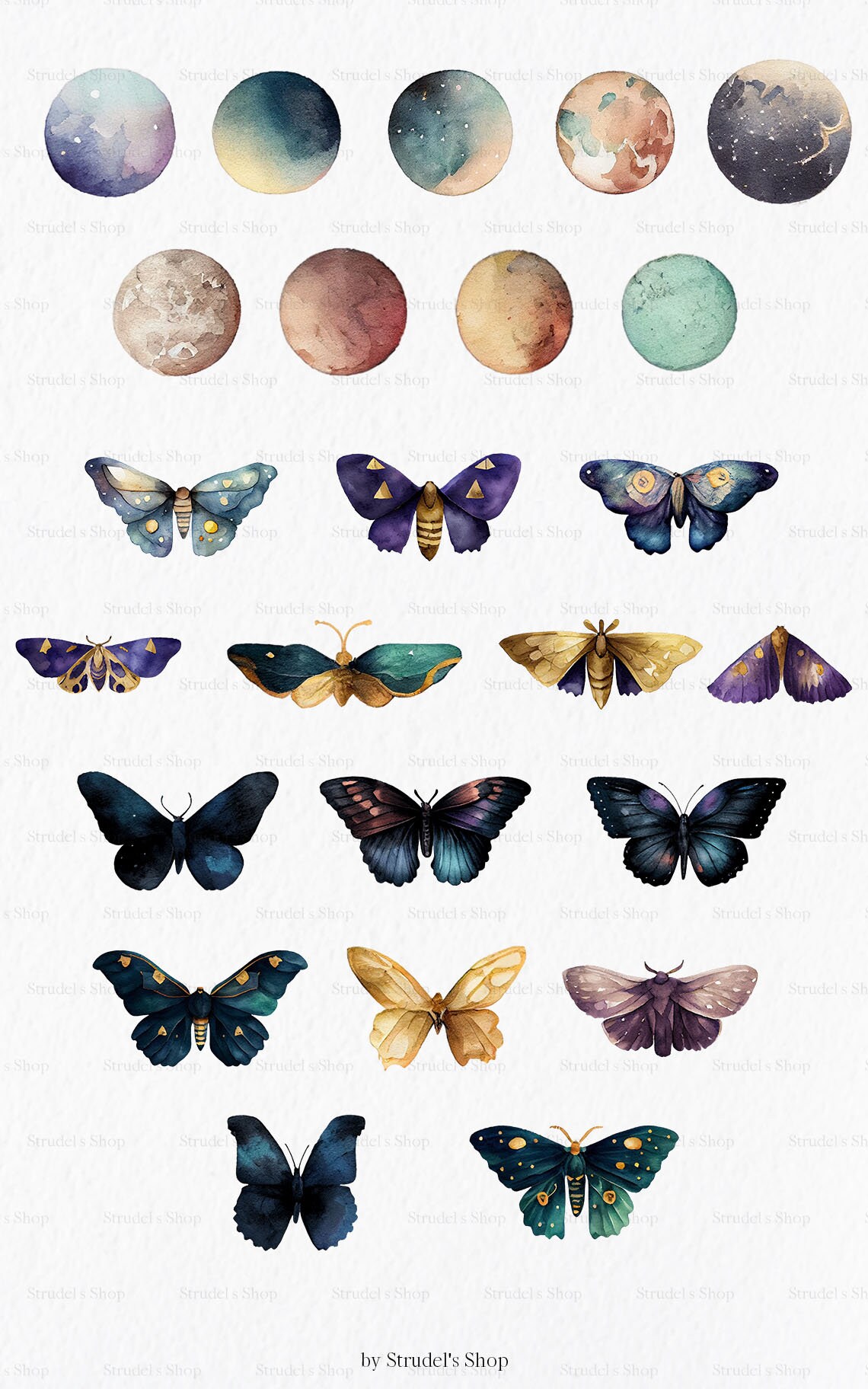 Witchy Watercolor Clipart PNG Mystical Crescent Sun Star Butterflies ...