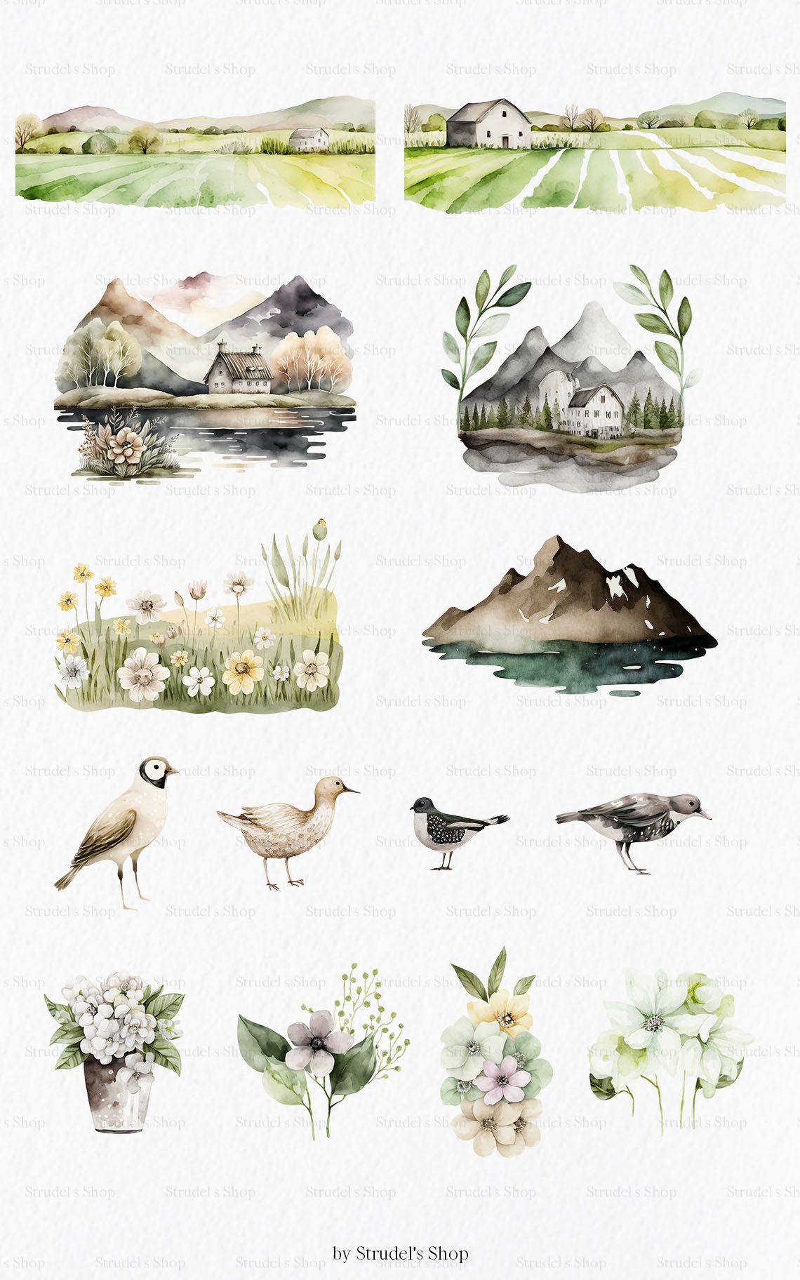 Spring Field Watercolor Clipart PNG - Meadow Flowers Landscape ...