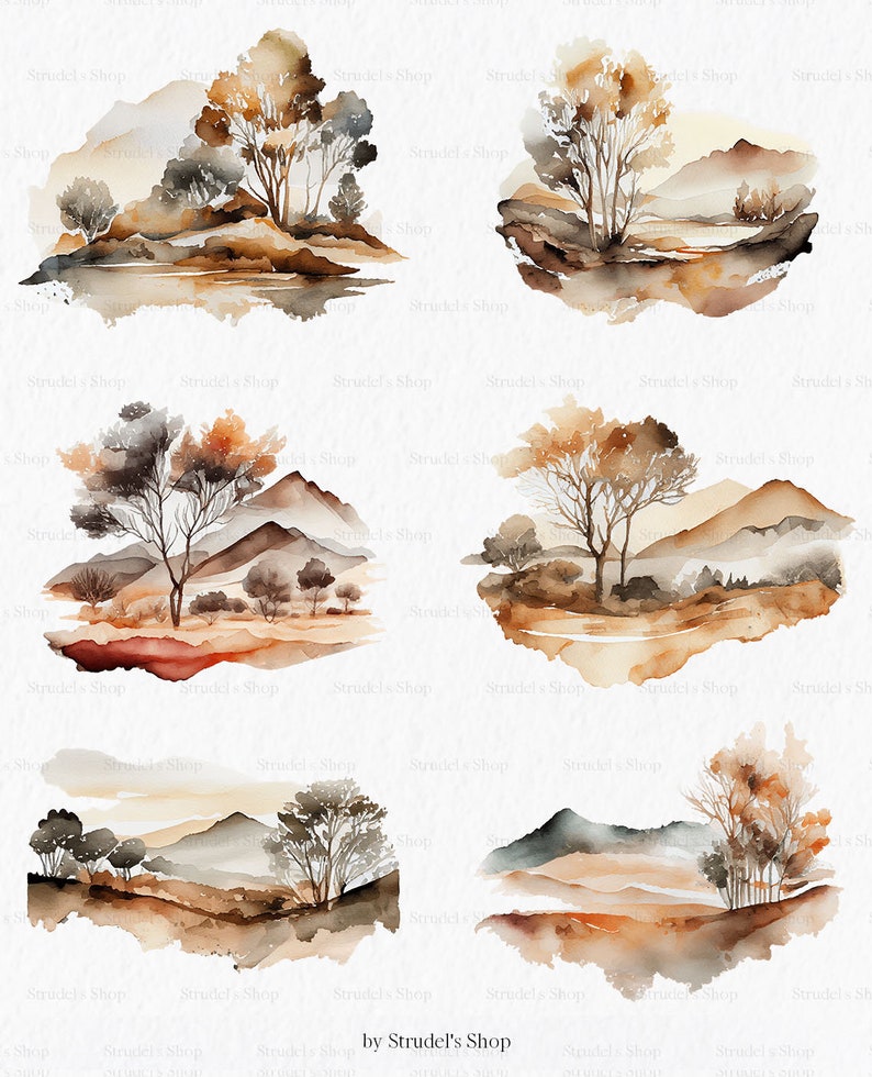 Neutral Landscapes Watercolor Clipart PNG Nature Mountain Summer Scene ...