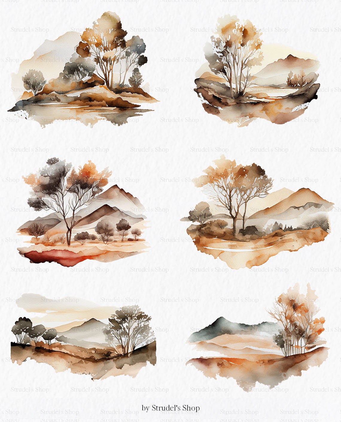 Neutral Landscapes Watercolor Clipart PNG Nature Mountain Summer Scene ...