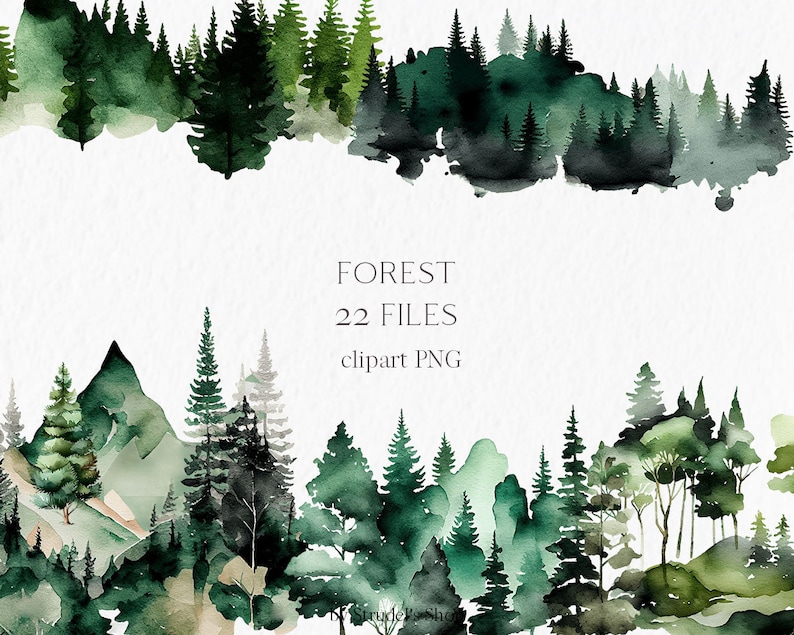 Forest Watercolor Clipart PNG Woodland Mountain Landscape - Etsy