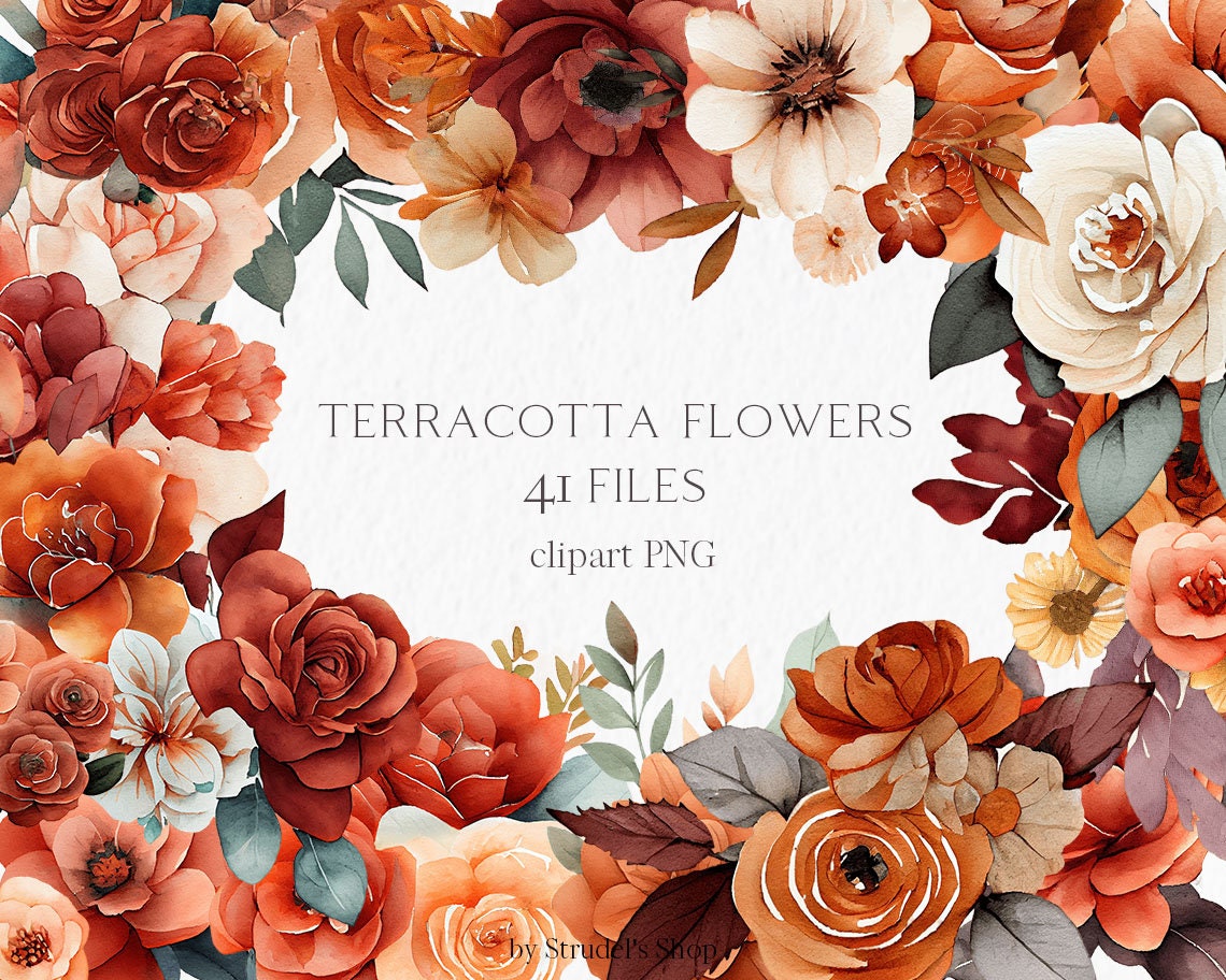 Terracotta Flowers Watercolor Clipart PNG - Autumn Terracotta Wedding ...