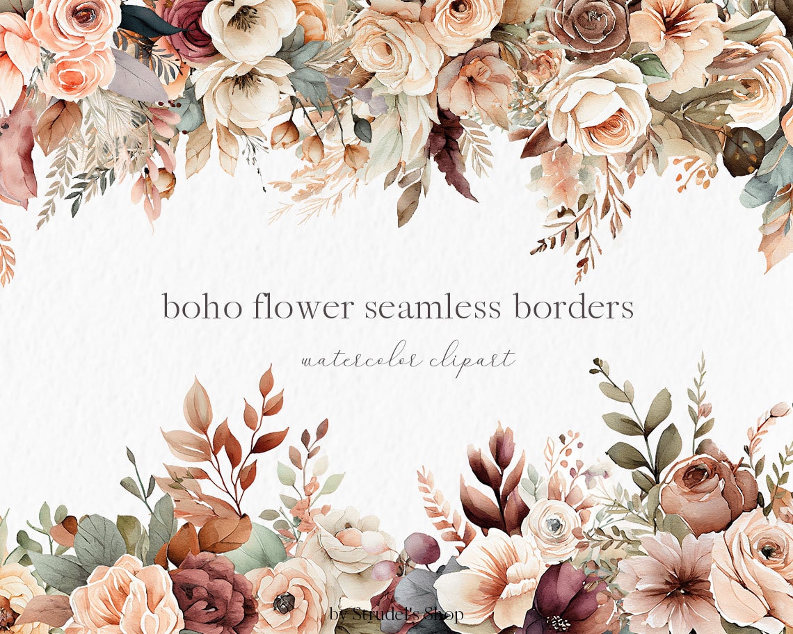 Boho Flower Seamless Borders Watercolor Clipart PNG Wedding - Etsy