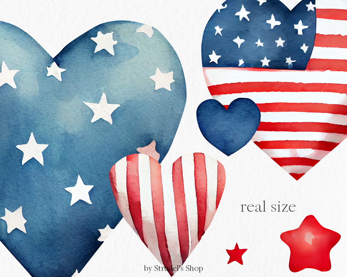 American Flag Hearts Watercolor Clipart PNG 4th of July - Etsy