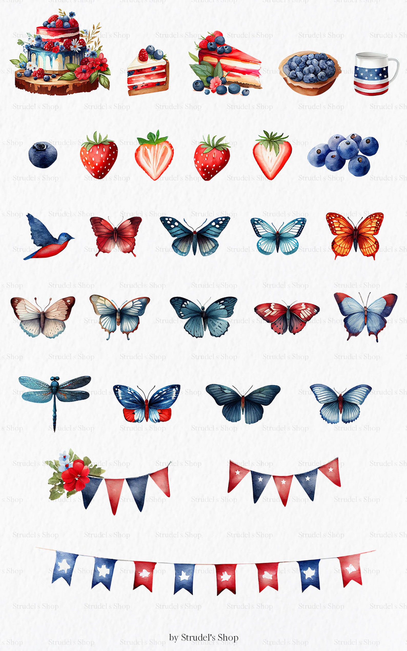 Fourth of July Watercolor Clipart PNG 4th of July Memorial Day Summer ...