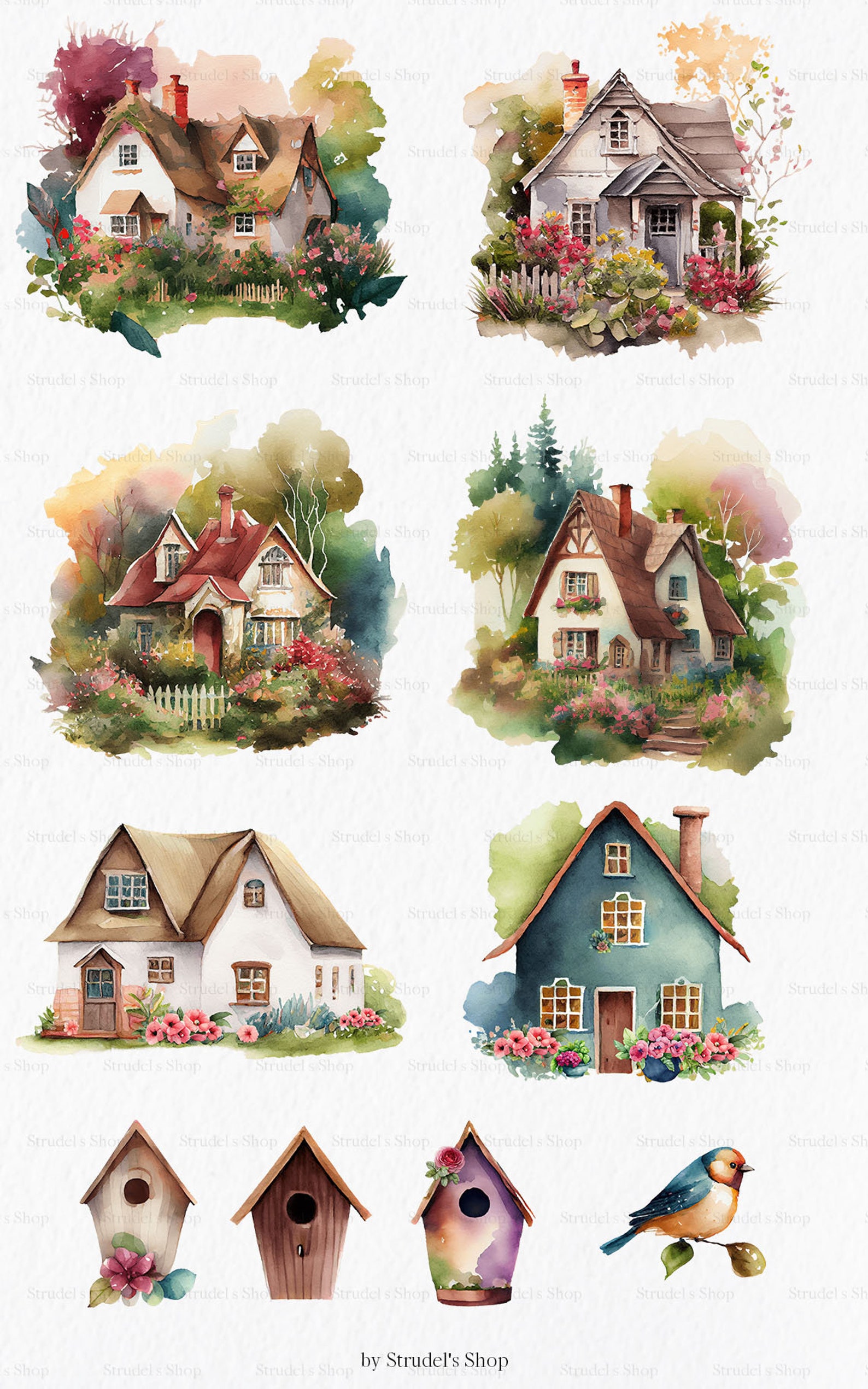 Summer Cottage Watercolor Clipart PNG Farmhouse Cottagecore - Etsy