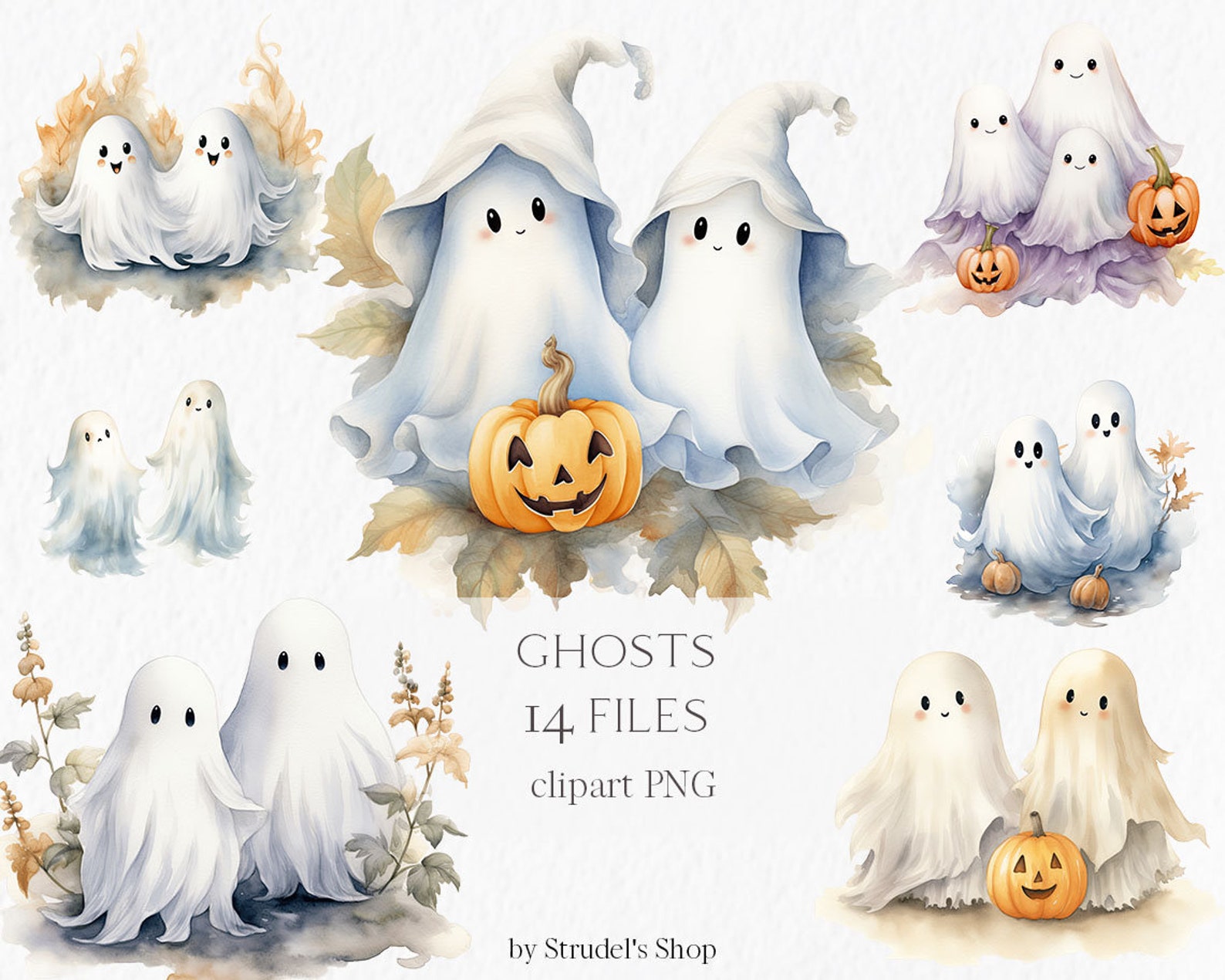 Ghosts Watercolor Clipart PNG Trick or Treat Halloween Cute - Etsy