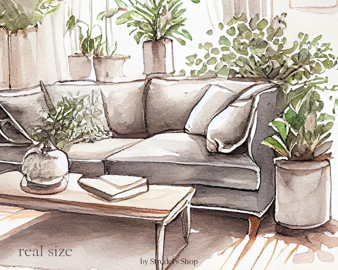 Cozy Living Rooms Watercolor Clipart PNG Scene Furniture - Etsy