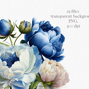 White Blue Peonies Bouquet, Seamless Border Watercolor Clipart PNG # ...