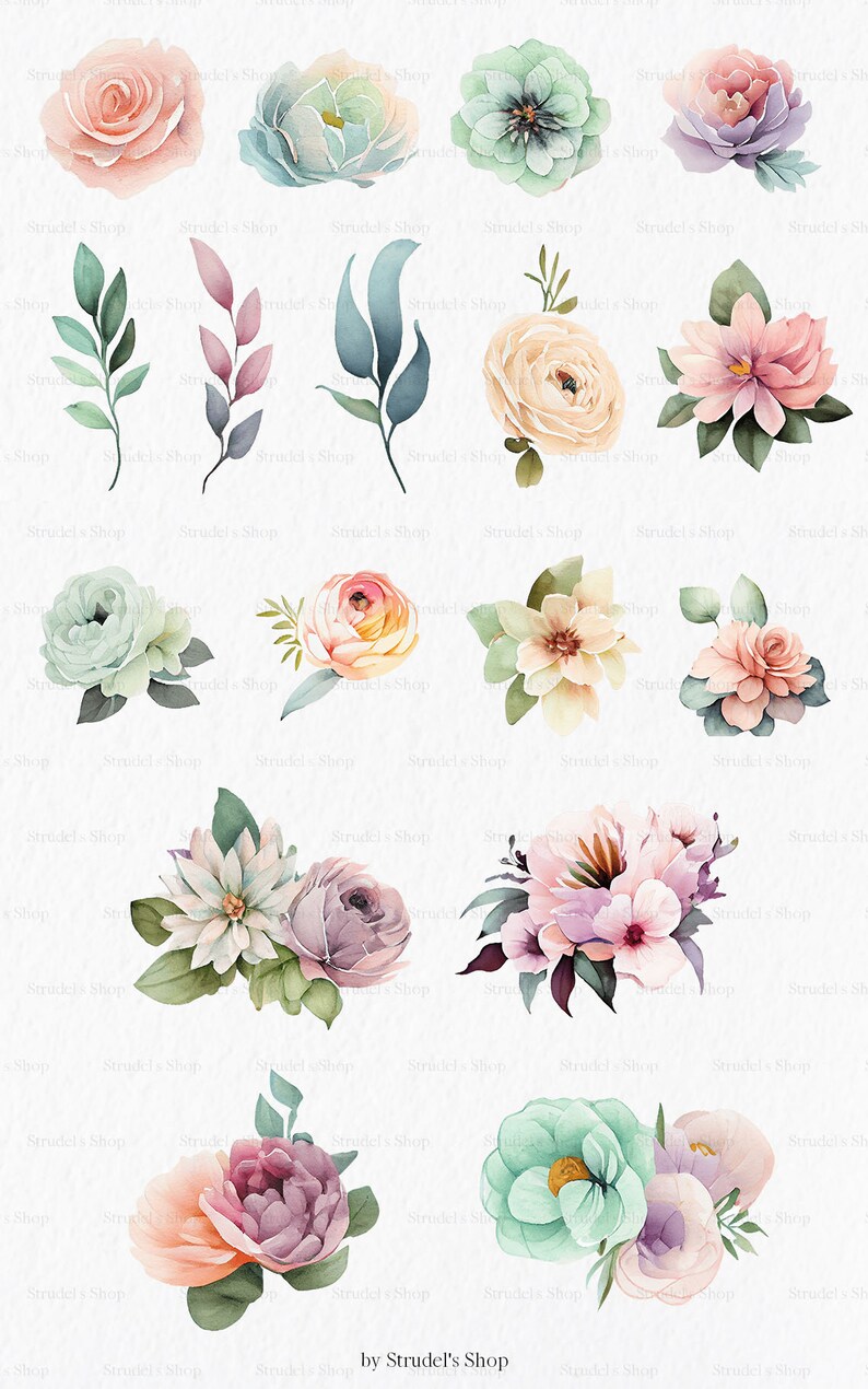 Pastel Flowers Watercolor Clipart PNG Invitation Clipart - Etsy