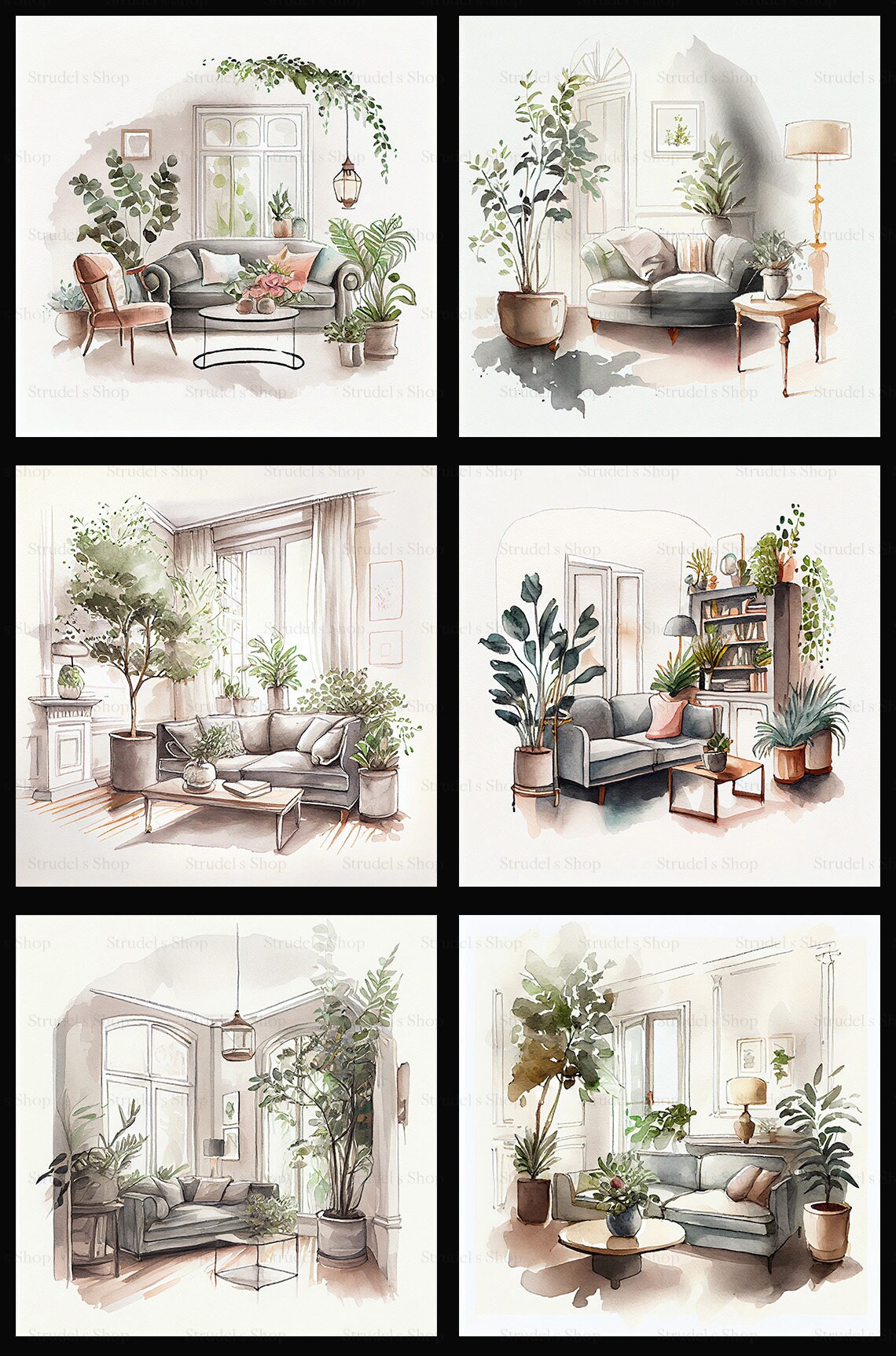 Cozy Living Rooms Watercolor Clipart PNG - Scene Furniture Background ...